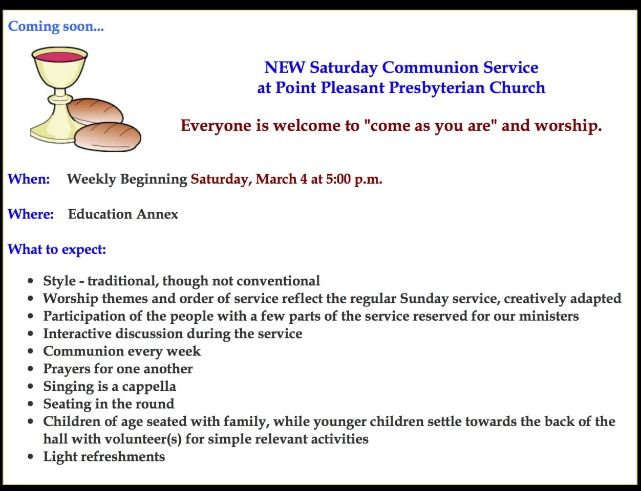 NEW Saturday Communion Service – Point Pleasant Presbyterian